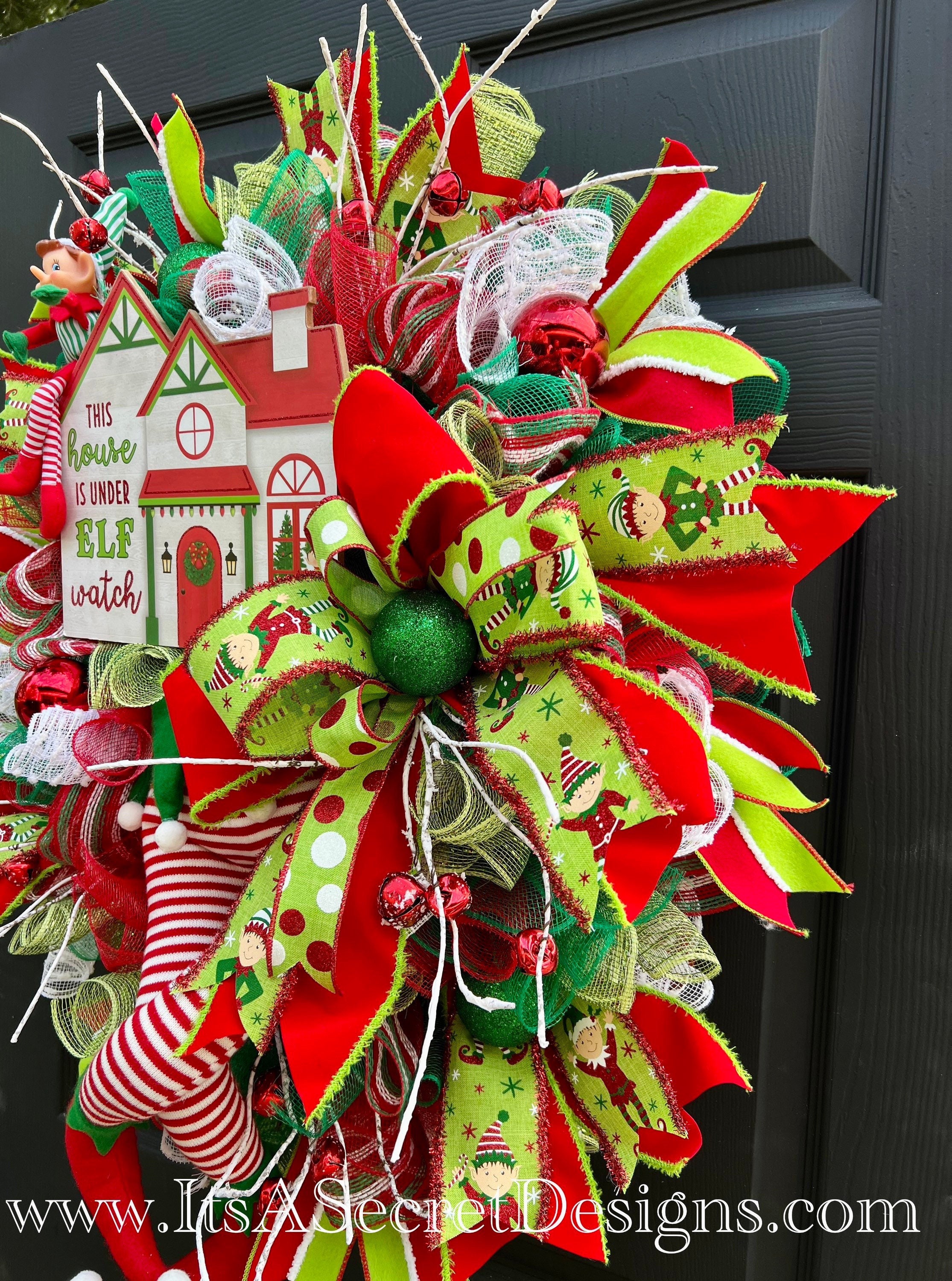MISS BAYLEE-Elf in house wreath-Large Seasonal door hanger-Bright Mesh ...
