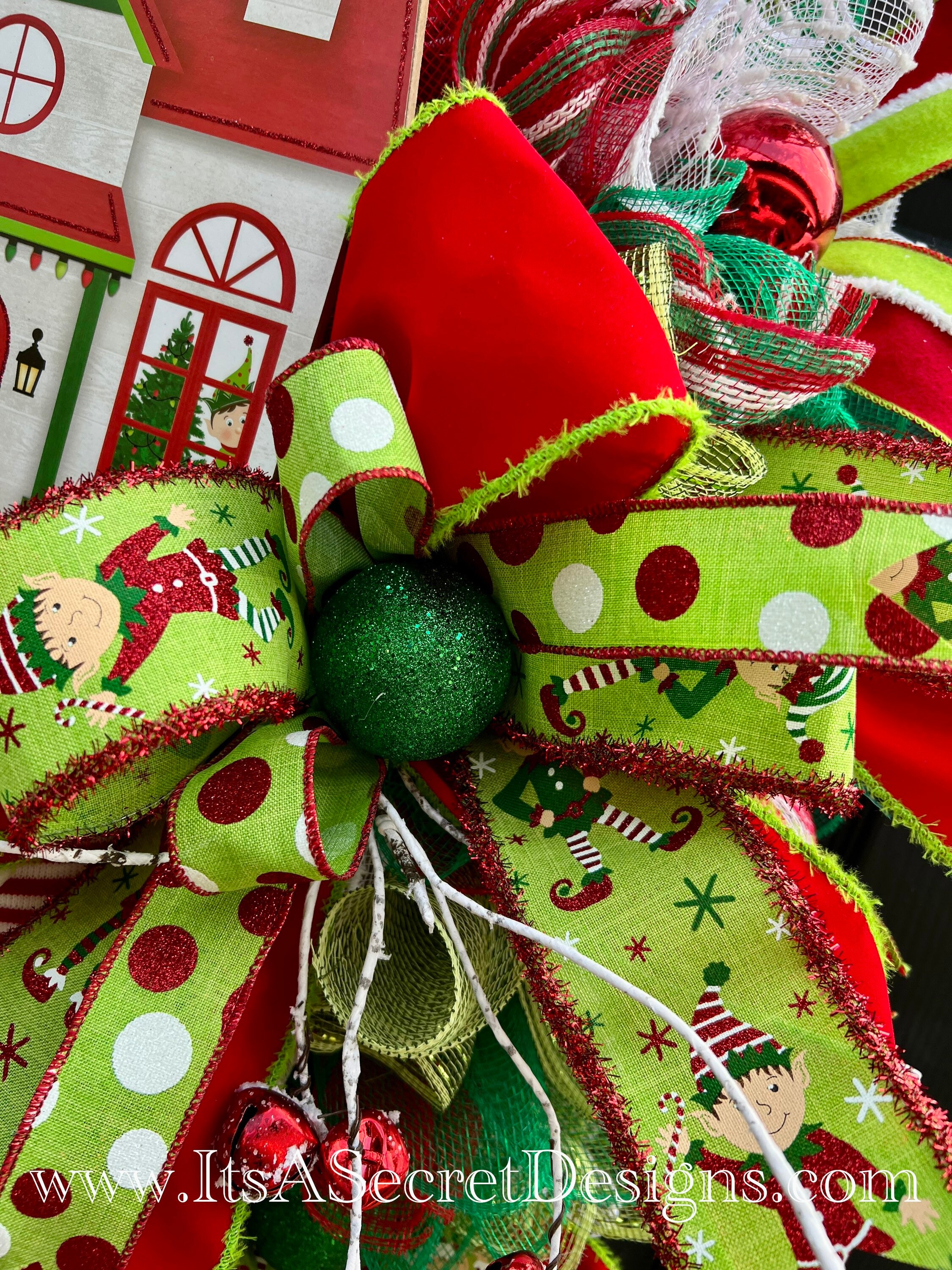 MISS BAYLEE-Elf in house wreath-Large Seasonal door hanger-Bright Mesh ...