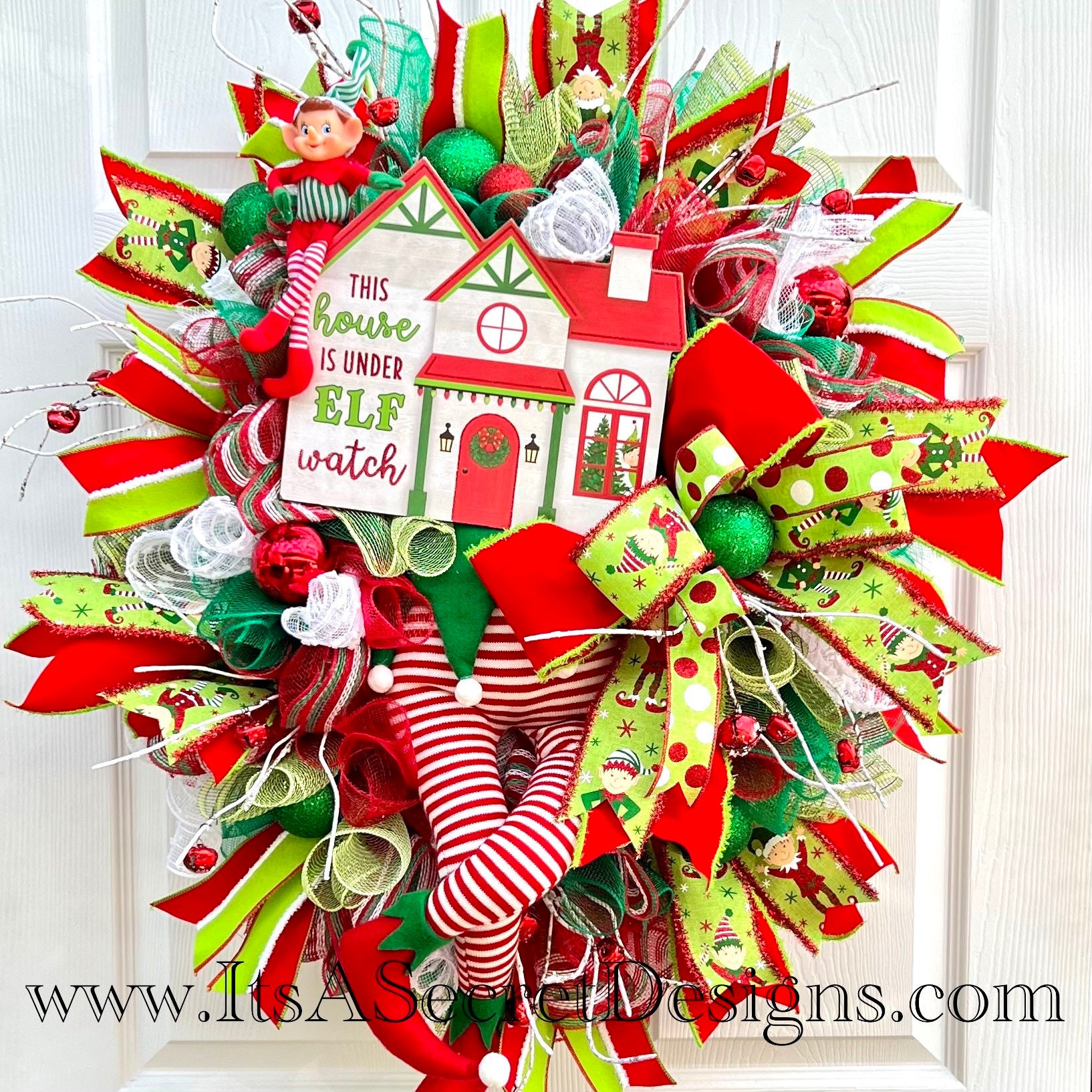 MISS BAYLEE-Elf in house wreath-Large Seasonal door hanger-Bright Mesh ...