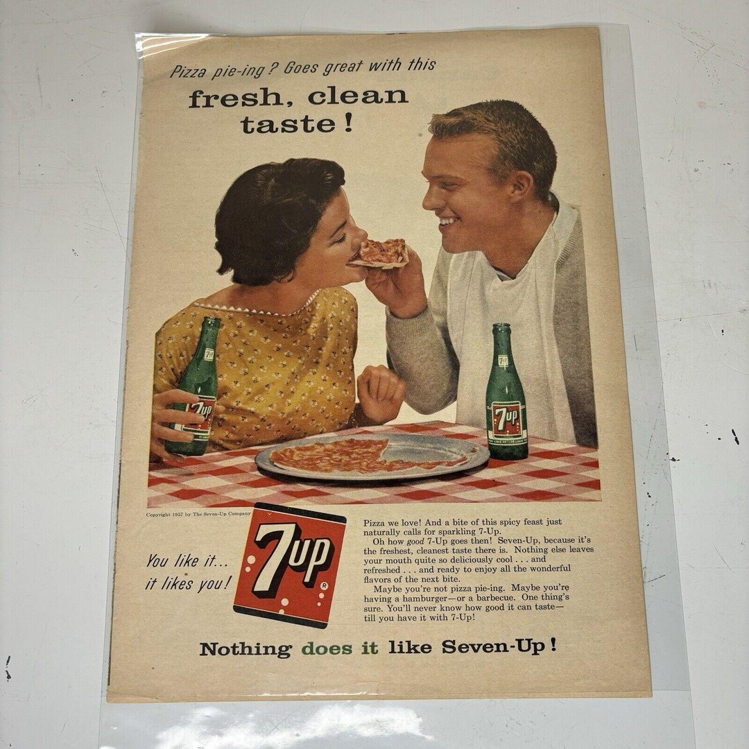 Vintage 7-UP Magazine Ad Clipping Pizza Pie-ing 1957 Retro Fresh Clean ...