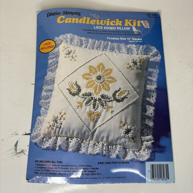 Creative Moments Candlewick Kit Lace Edged Pillow Yellow Daisy No. 8265 ...