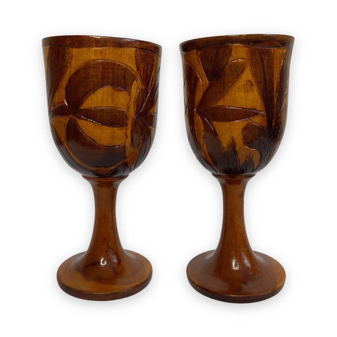 Vintage Hand Carved Wooden Goblets Set of 2 Tiki Barware Floral Brown ...