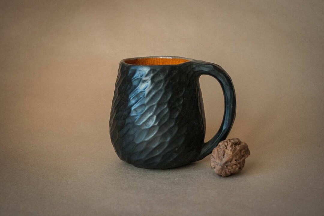 Raku Pottery Hand Thrown Black Mug With Carved Texture - Etsy