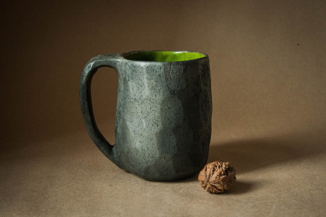 Wabi Sabi Raku Pottery Beer Mug. Black Lime Green Large Coffee - Etsy