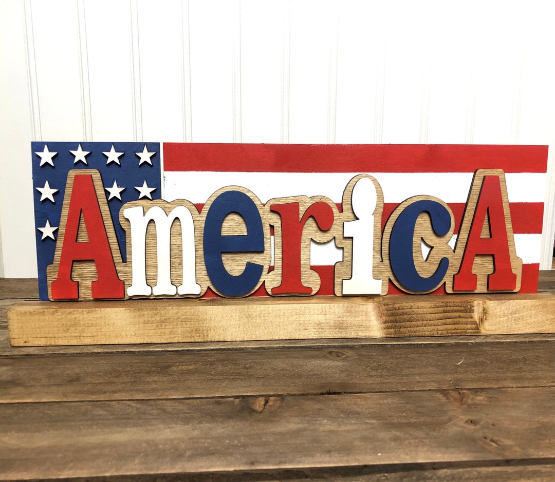 America Wood Sign, Patriotic Shelf Sitter, Fourth of July Tiered Tray ...