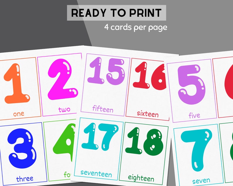 Number Flashcards 0-20 Printables Colorful Counting Cards for Kids and ...