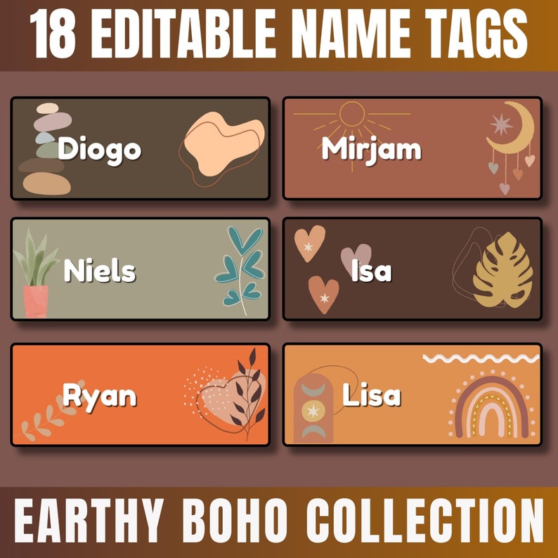 18 Earthy Boho Editable Name Tags for Kids Printable Student Desk ...