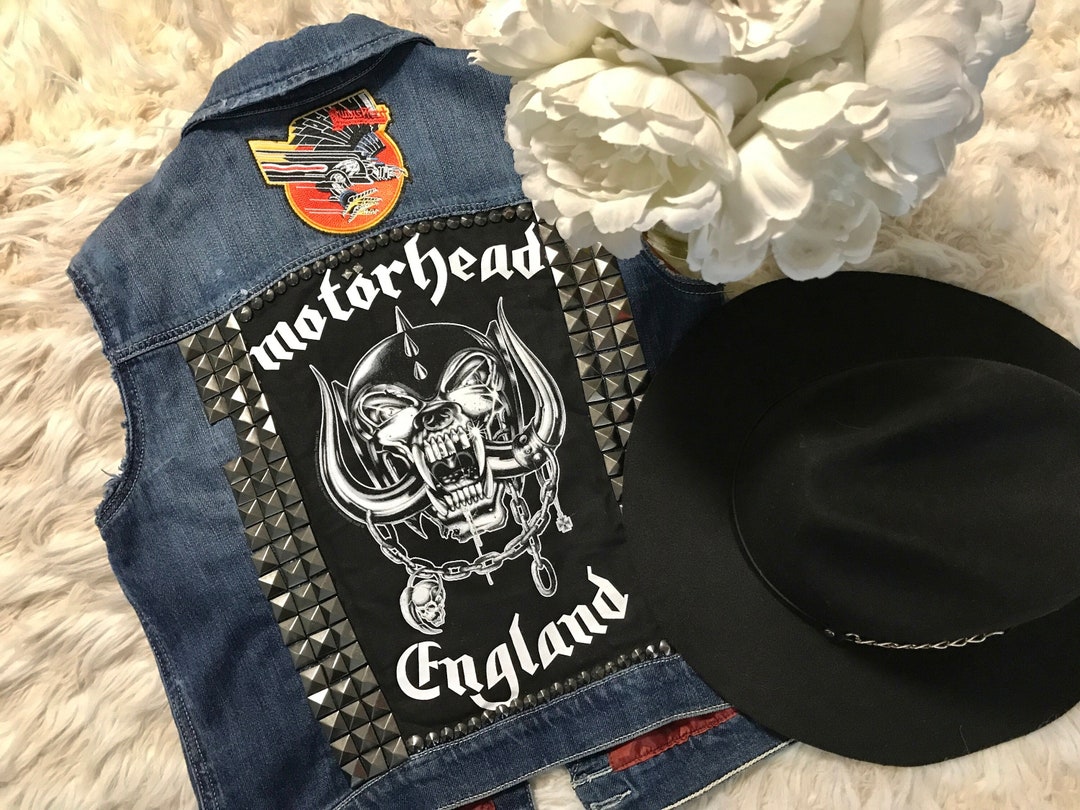 Motorhead Studded Patched Jean Vest/rocker Chic/rock and Roll - Etsy