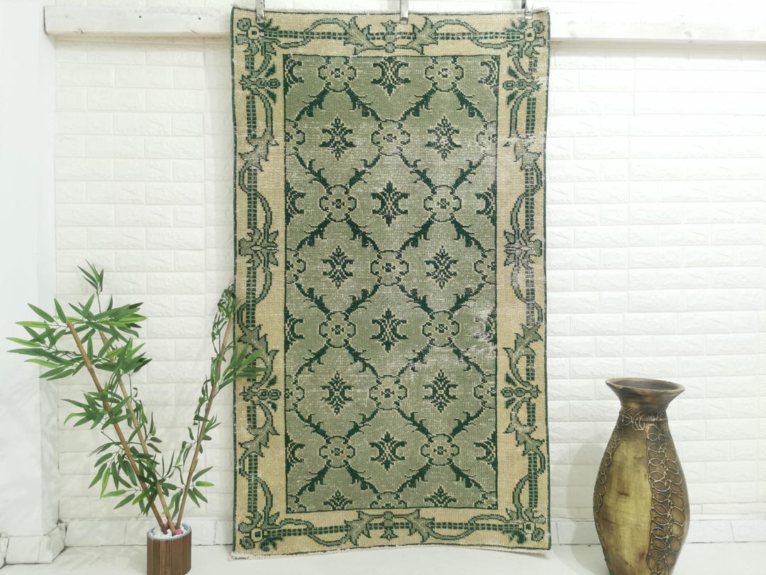 Green Vintage Rug 3x6, Neutral Area Rug, Green Wool Rug, Green Turkish ...