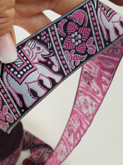 Pink India Elephant Jacquard Fabric Trim, 1 1/2 Inch Wide, Sold by the ...