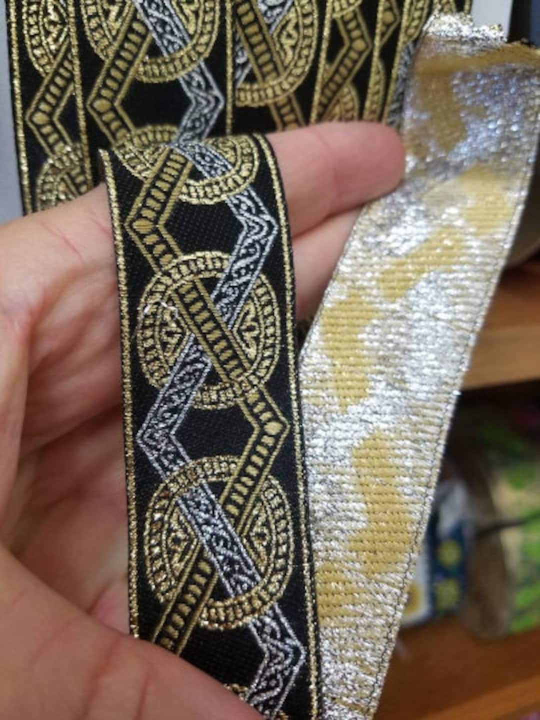 Metallic Gold and Black Roman Style Fabric Trim, 1 1/8 Inch Wide, Sold ...