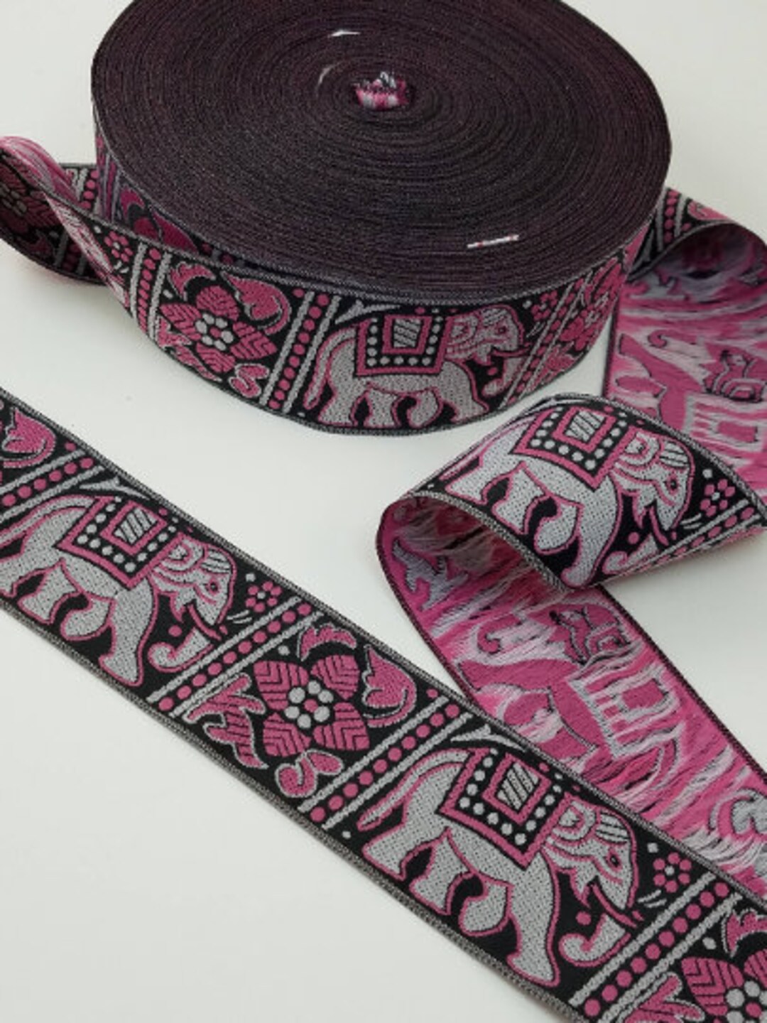 Pink India Elephant Jacquard Fabric Trim, 1 1/2 Inch Wide, Sold by the ...