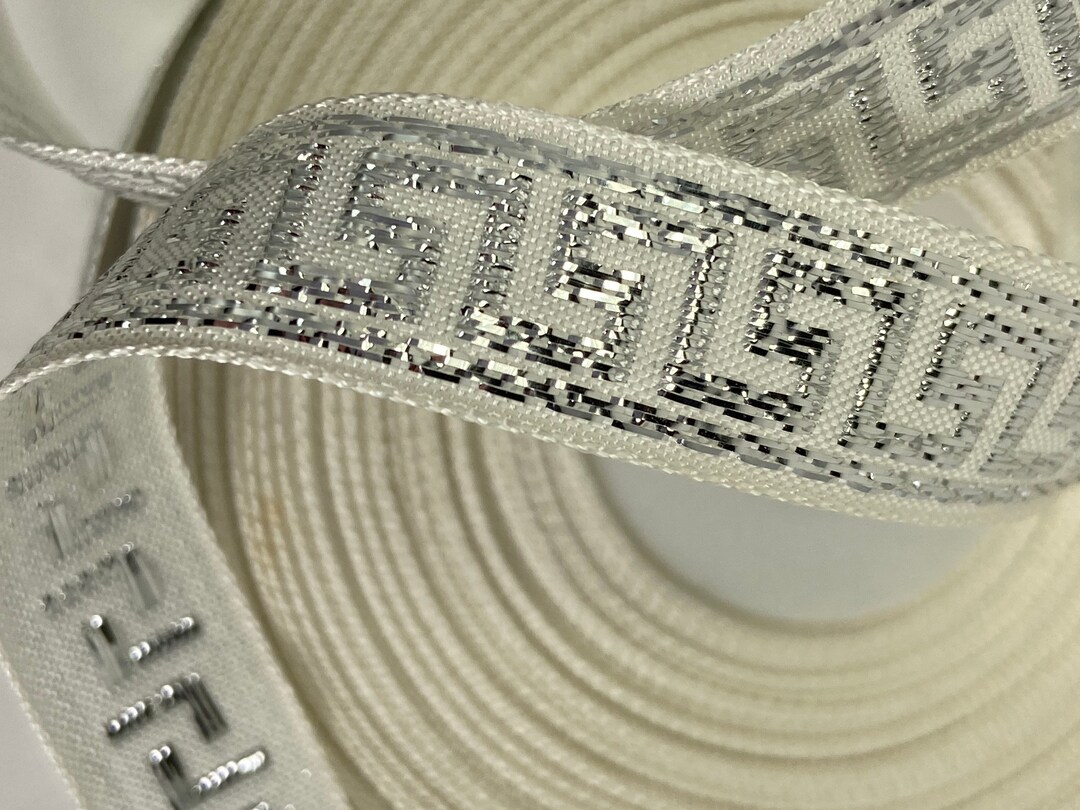 Greek Key, Very Metallic, White and Silver, Jacquard Woven Fabric Trim ...