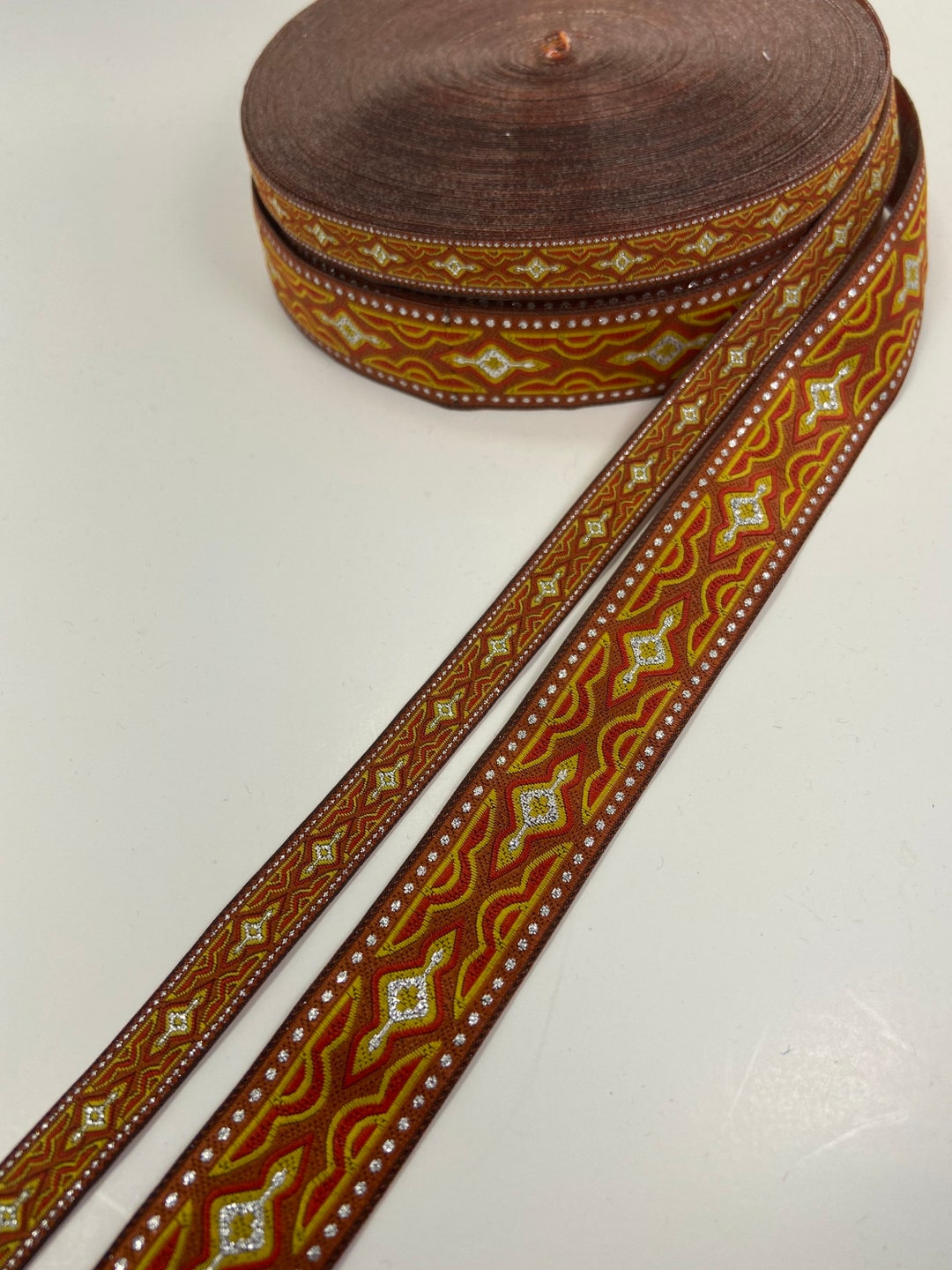 Celtic Scarlet and Curry Metallic Jacquard Fabric Trim, Sold by the ...