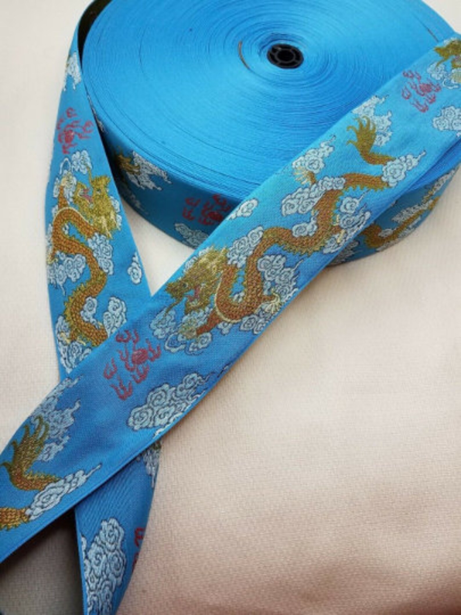 Blue and Gold Dragon Jacquard Woven Fabric Trim, 2 Inches Wide, Sold by ...