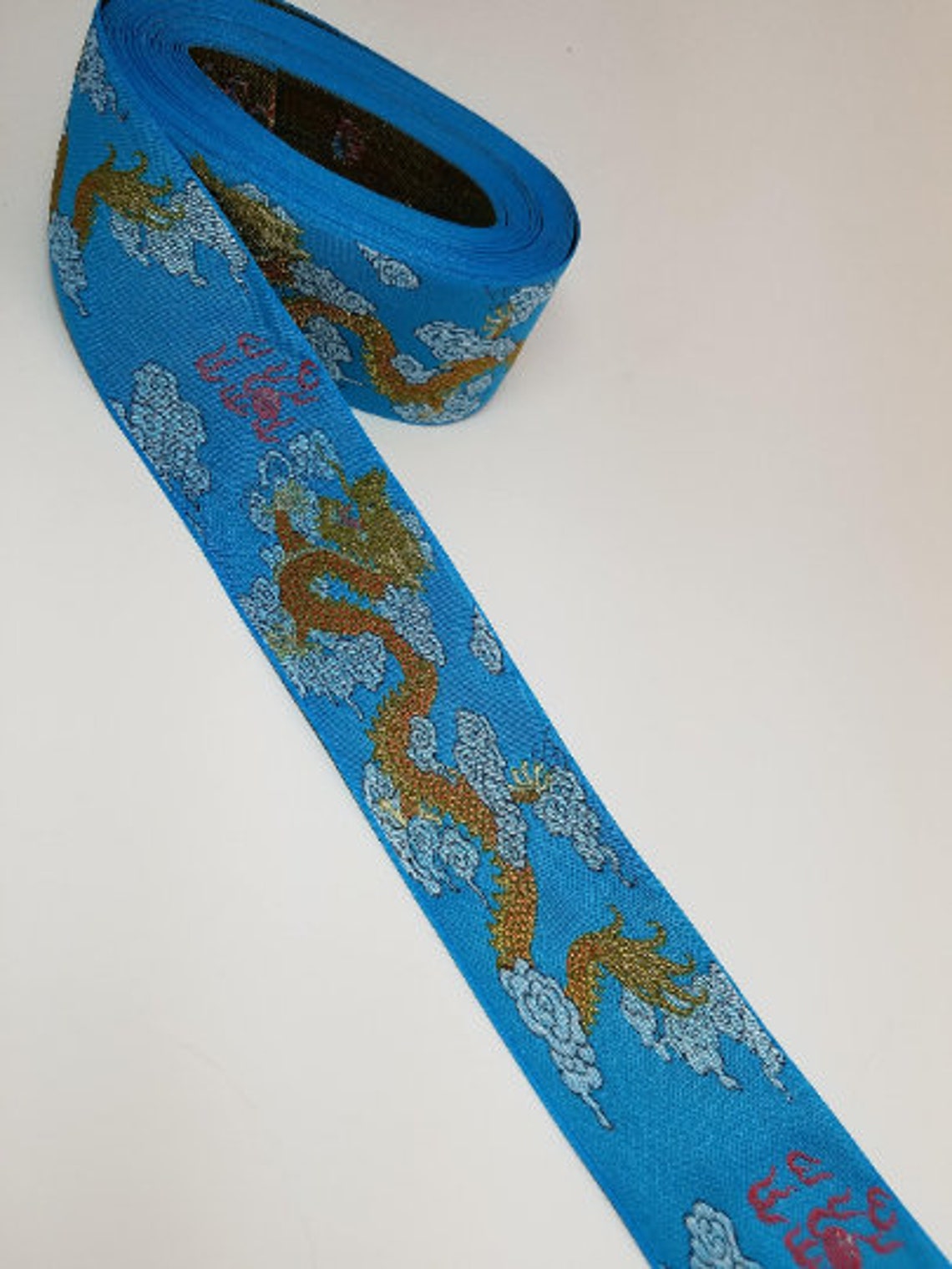 Blue and Gold Dragon Jacquard Woven Fabric Trim, 2 Inches Wide, Sold by ...