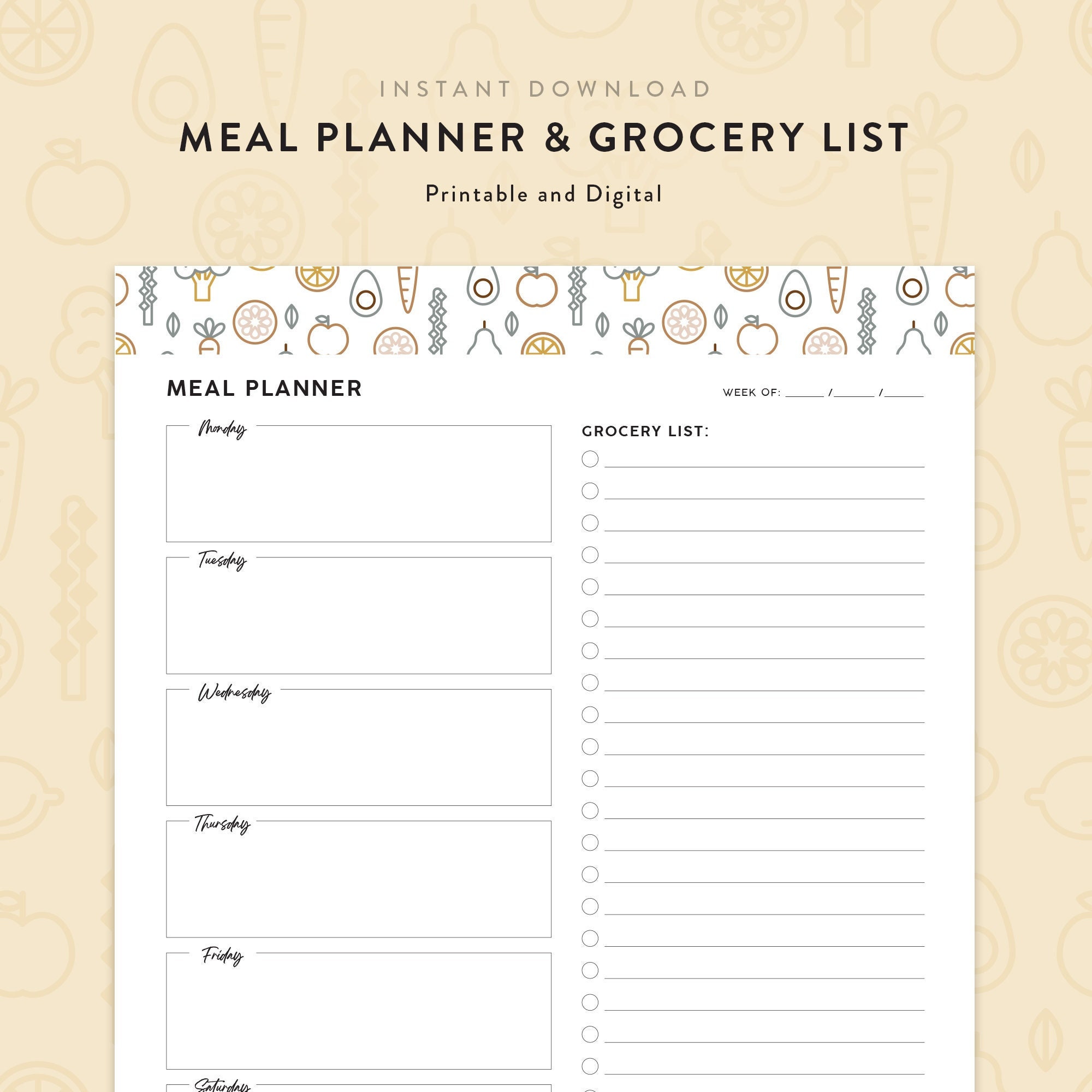 Printable Meal Planner and Grocery List - Etsy