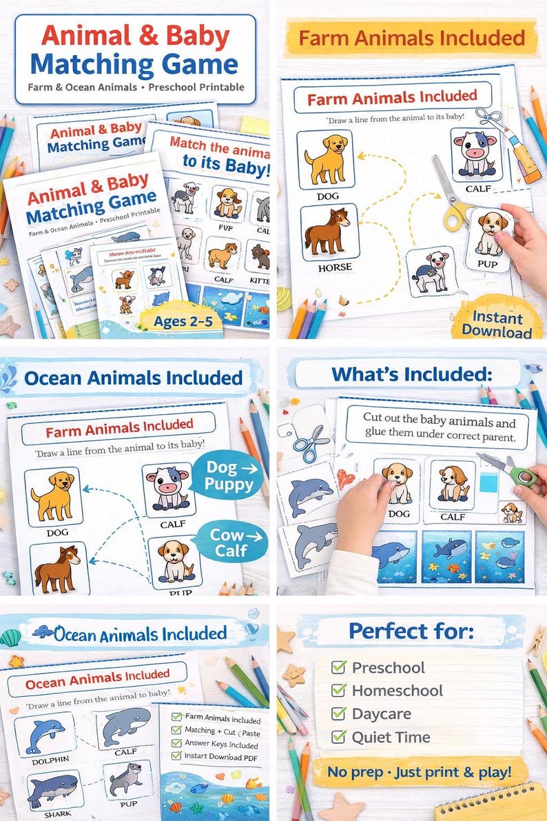 Animal & Baby Matching Game Printable | Farm and Ocean Animals ...