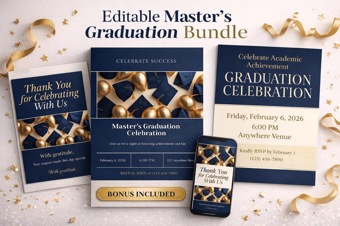 Editable Master’s Graduation Invitation Bundle | Navy & Gold Graduation ...