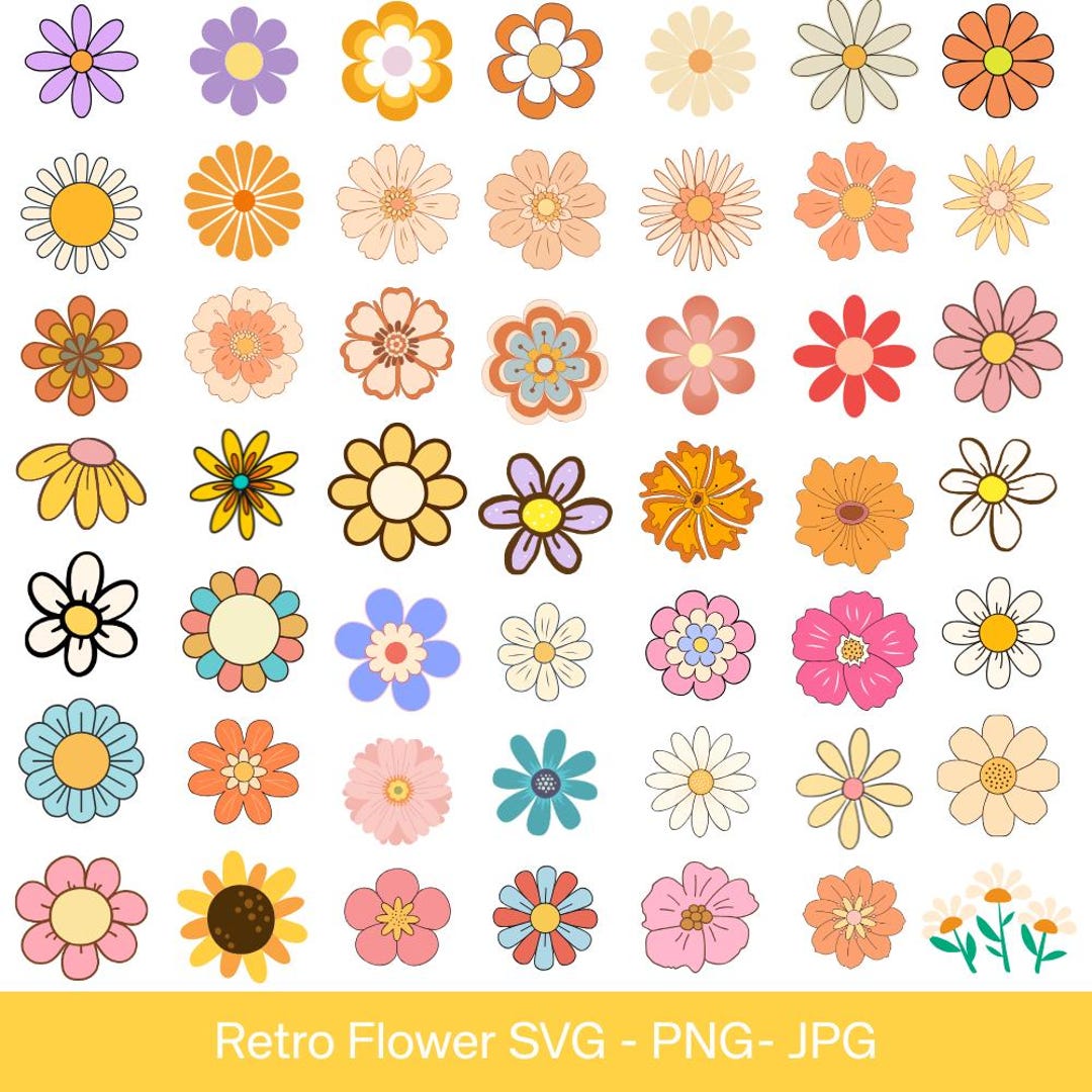 Retro Flower SVG Bundle: Daisy & Boho Floral Designs (digital Download ...