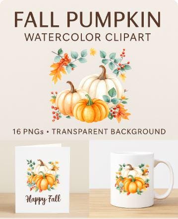 Fall Pumpkin Watercolor Clipart | 16 Pngs Transparent Background ...