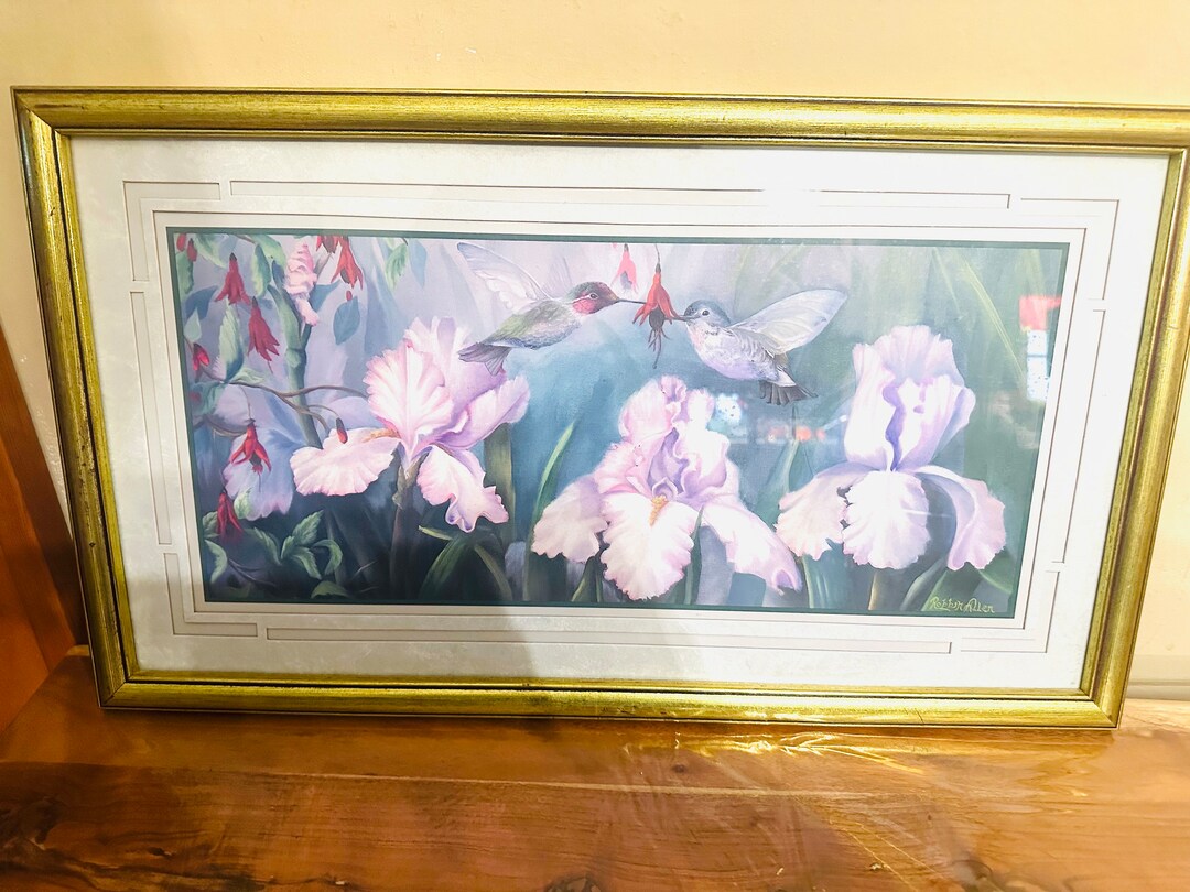 Robbin Allen Floral Two Hummingbirds & Iris Flowers Picture Framed ...