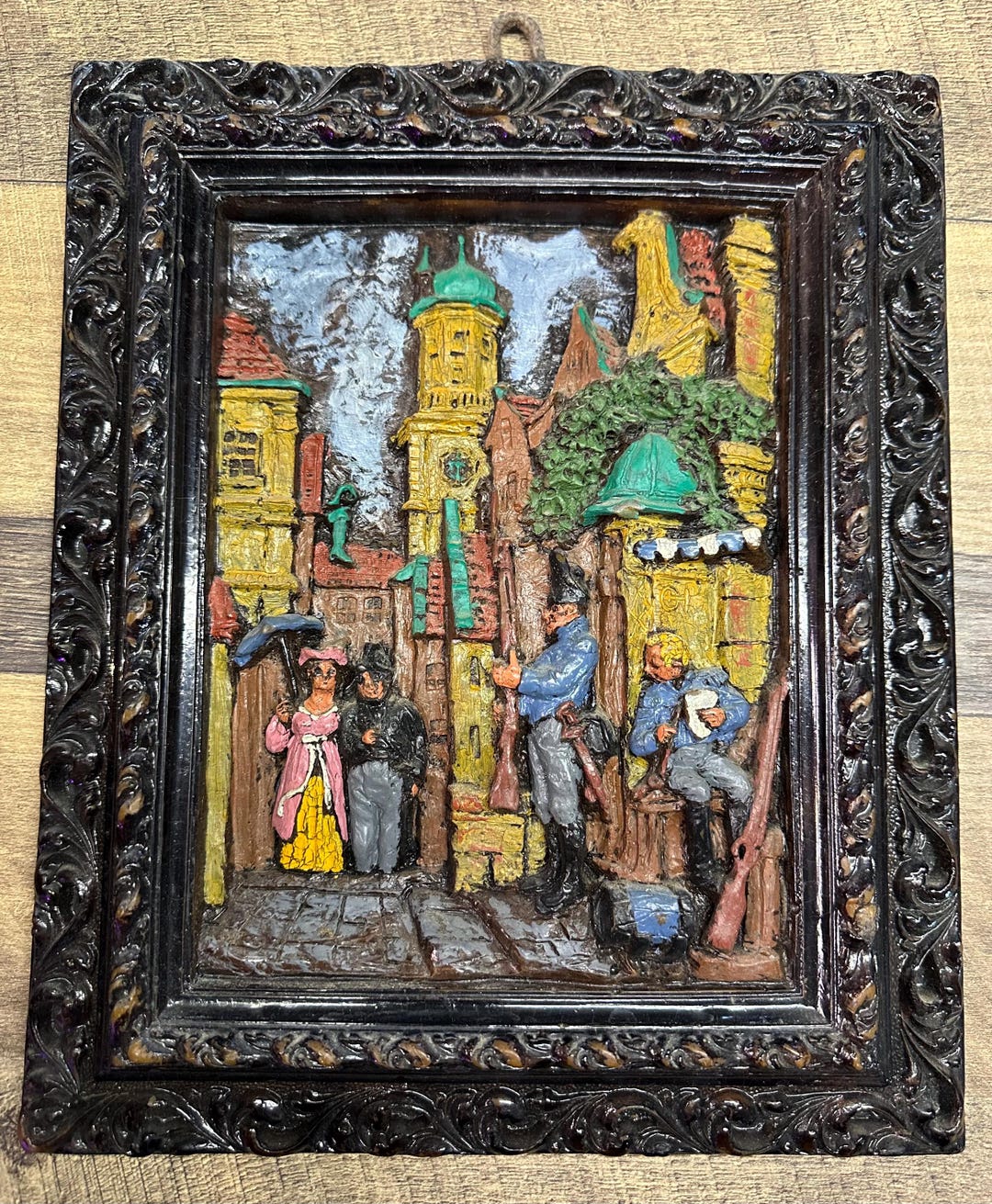 Mid Century German Wax Relief Carved Wood Wall Plaque. CH. Street Scene ...