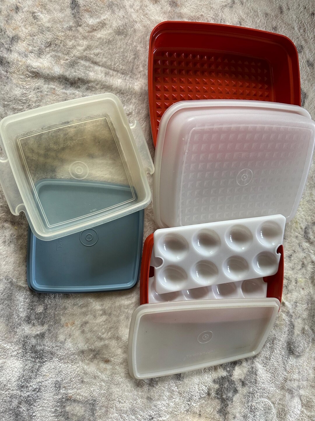 3 Vintage 70s Plastic Blue, Red Tupperware Containers With Deviled Egg ...