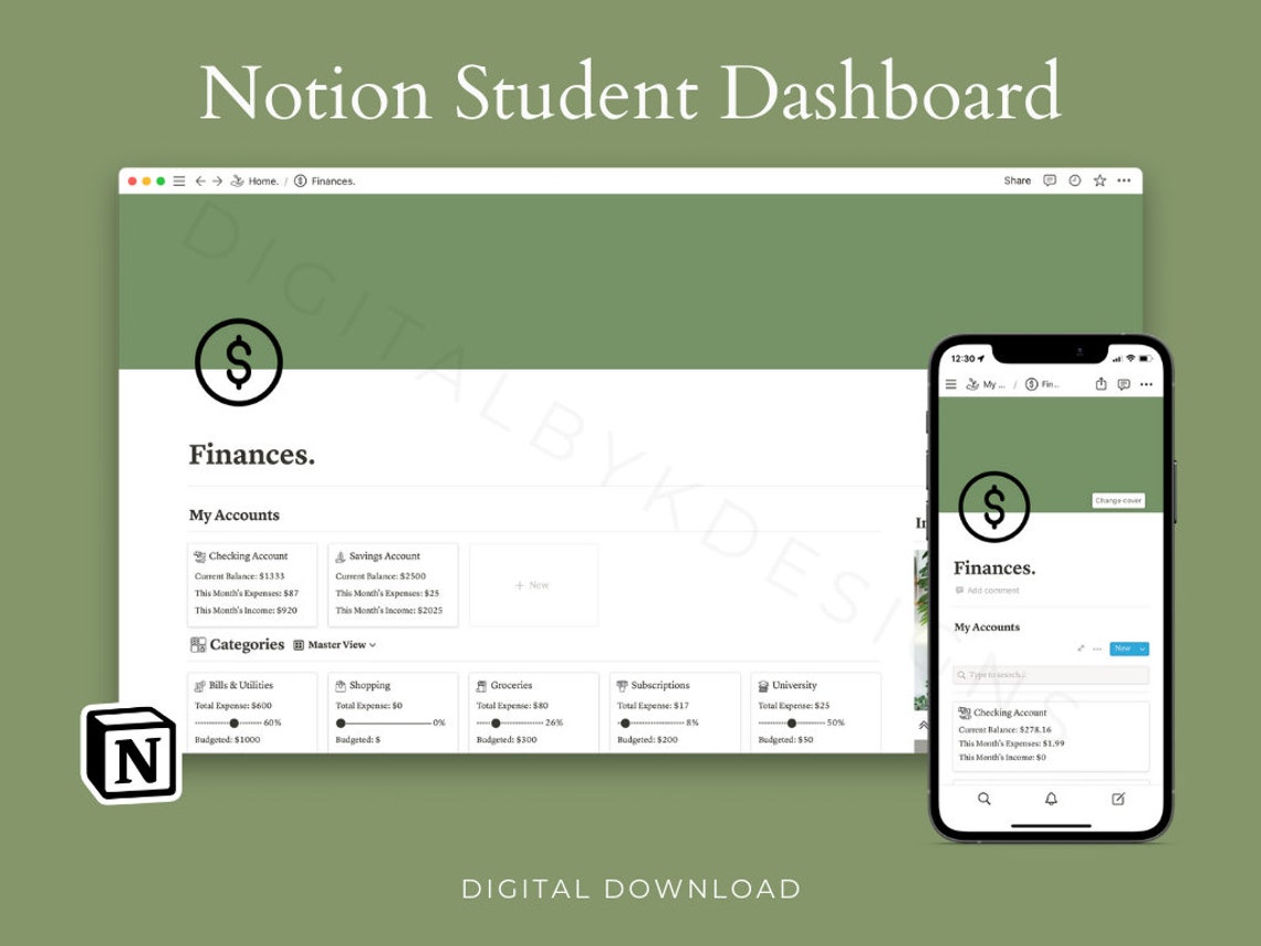 Student Notion Dashboard Template Academics Finances | Etsy
