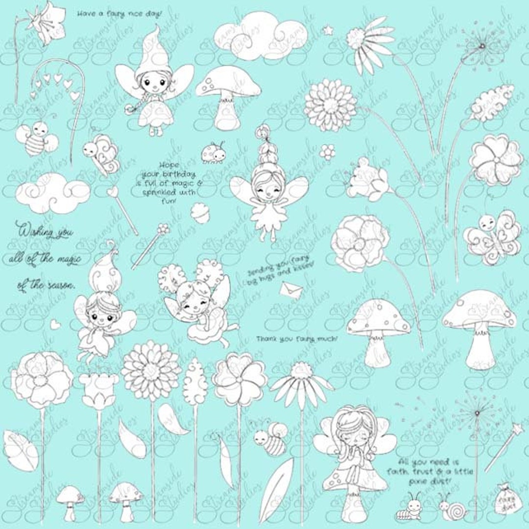 Fairy Fun Digital Stamp Set, Png Set of 77, 300 Dpi Images, Black and ...