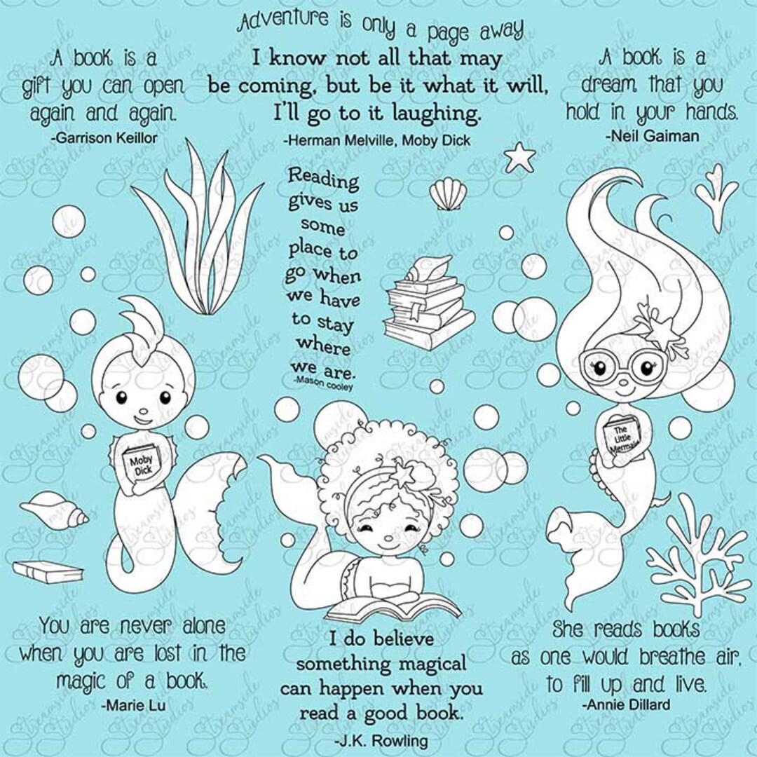 Mermaids Reading Adventure, 300 Dpi Png Digi, Mermaids and Books ...