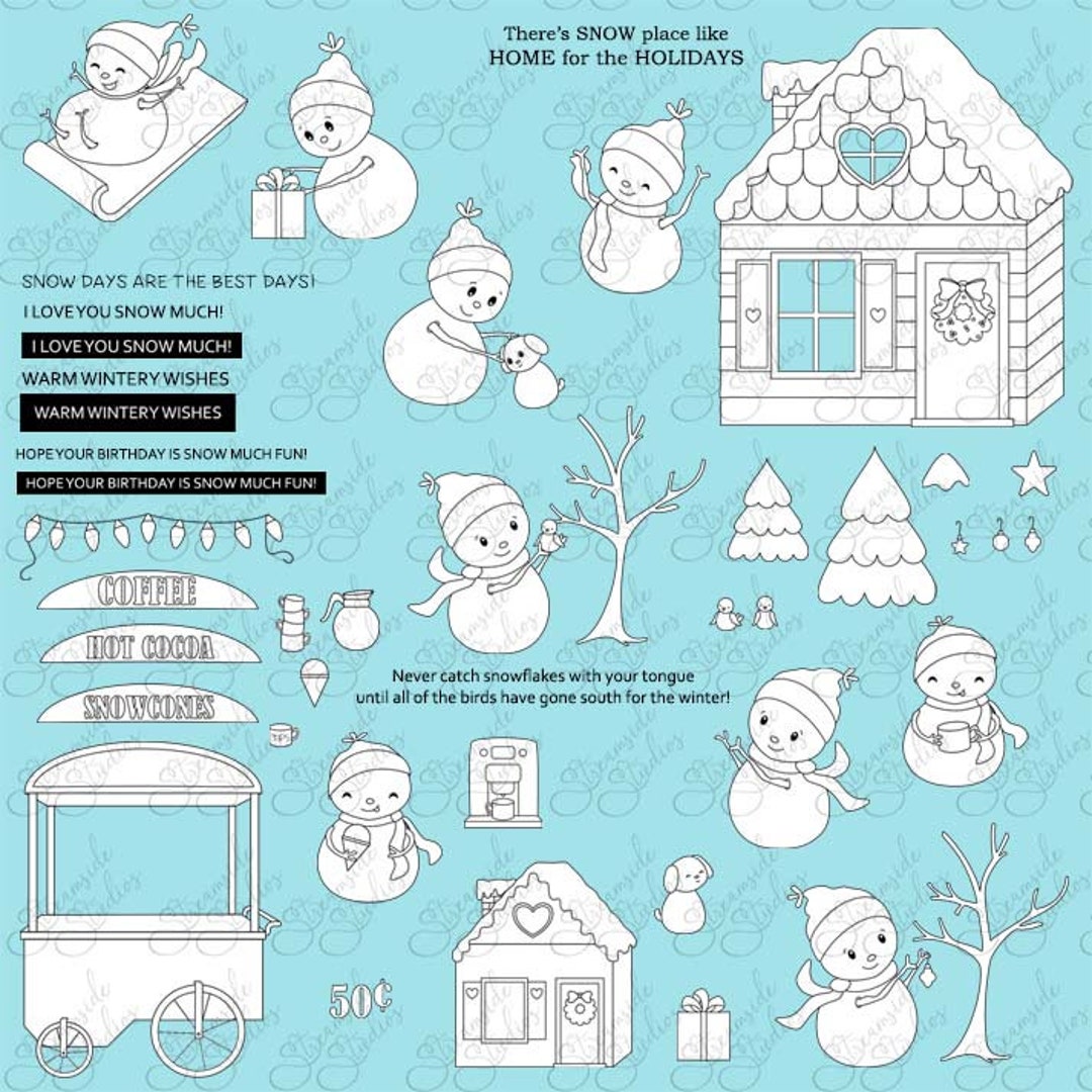 Snow Much Fun Digital Stamp Set, Png Set of 300 Dpi Images, Black and ...