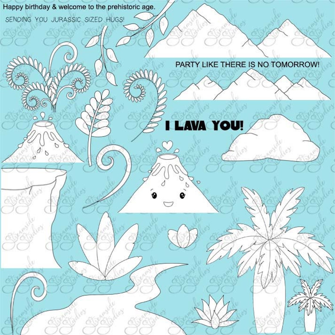Prehistoric Landscape, Volcano Digital Stamp Set, Digi Stamps, Png 300 ...