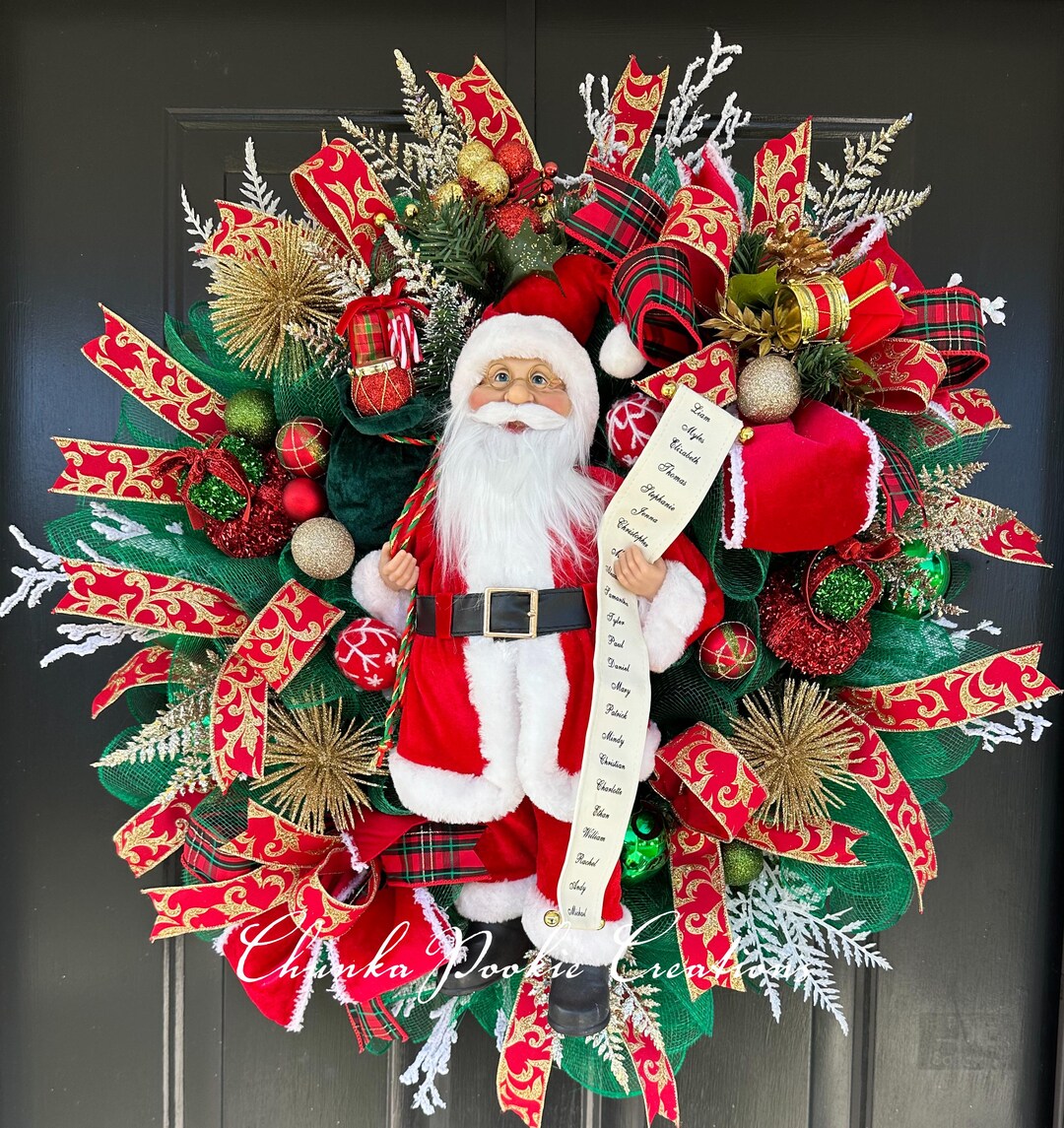 Christmas Santa Wreath, Classic Holiday Decor, Winter Mesh Front Door ...