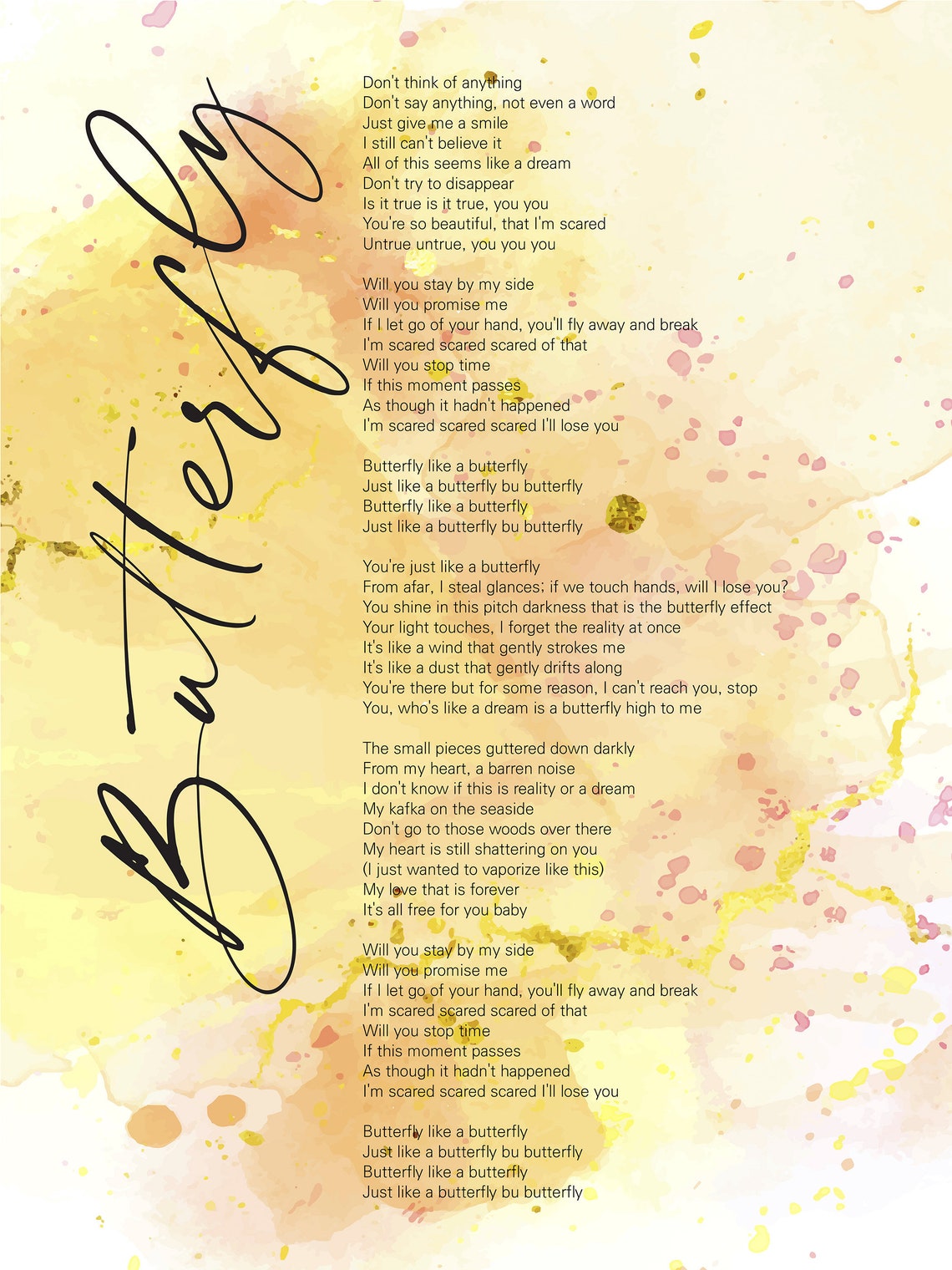 BTS Butterfly Lyrics Prints Poster Digital Download Korean | Etsy