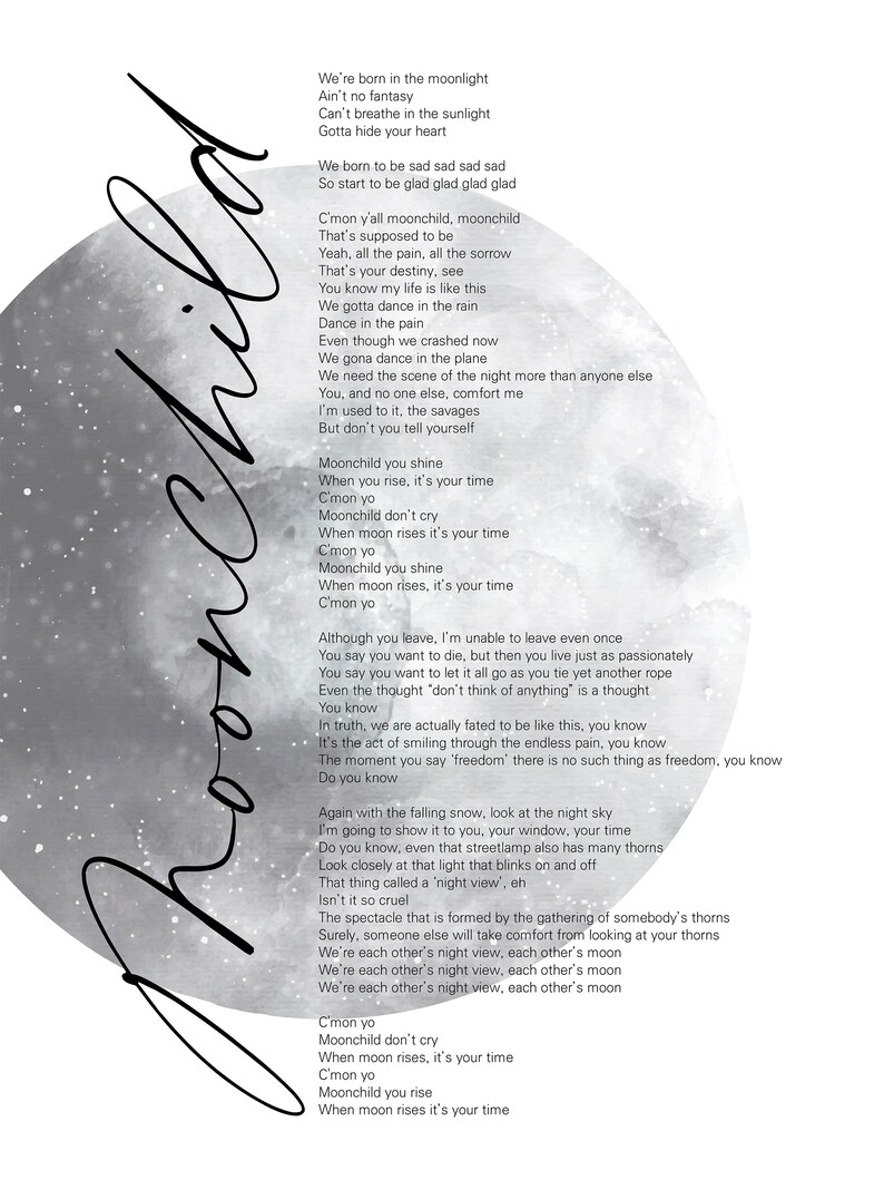 BTS RM Kim Namjoon Moonchild Lyrics Prints Poster Digital | Etsy