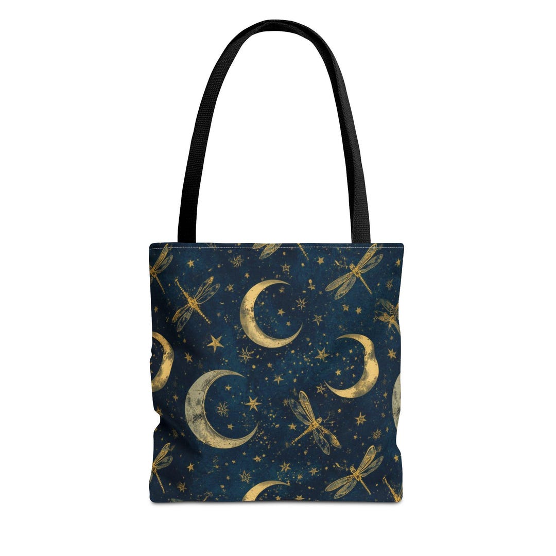 Golden Crescent Moon Dragonfly Tote Bag | Celestial Night Sky Stars ...