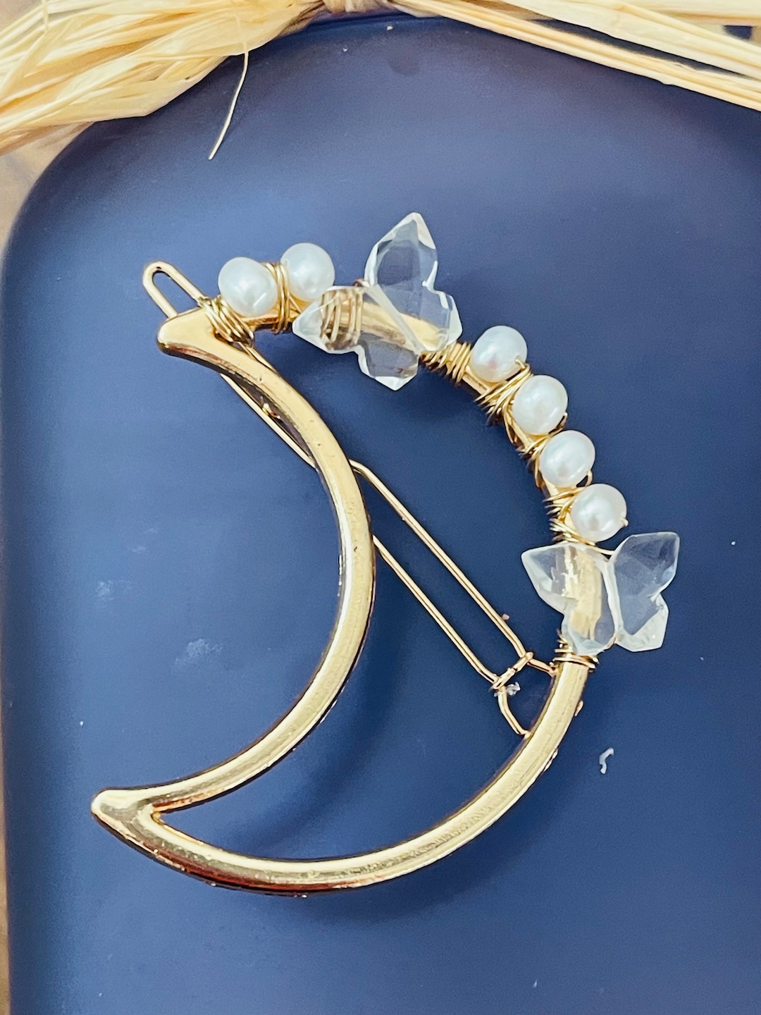 Gold Crescent Moon Hair Clip With Pearls & Crystal Butterflies ...
