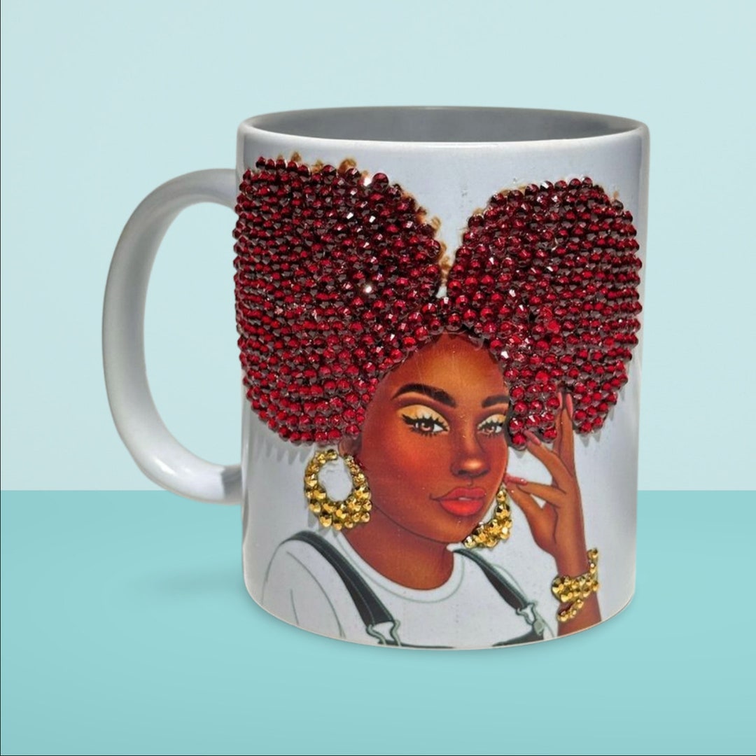 Bling Mug With Afro Lady, Personalized Rhinestone Cup, Black Woman ...