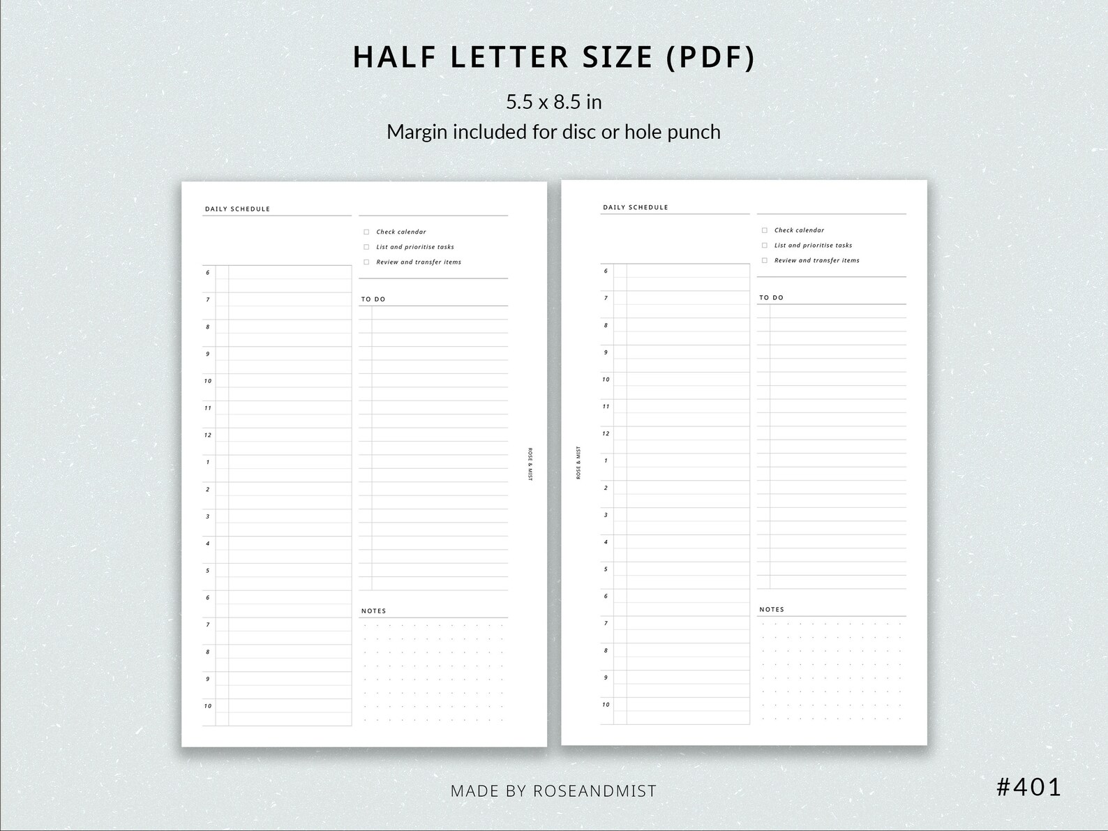 Daily Schedule + Notes DO1P | Half Letter Printable Planner - Hourly ...