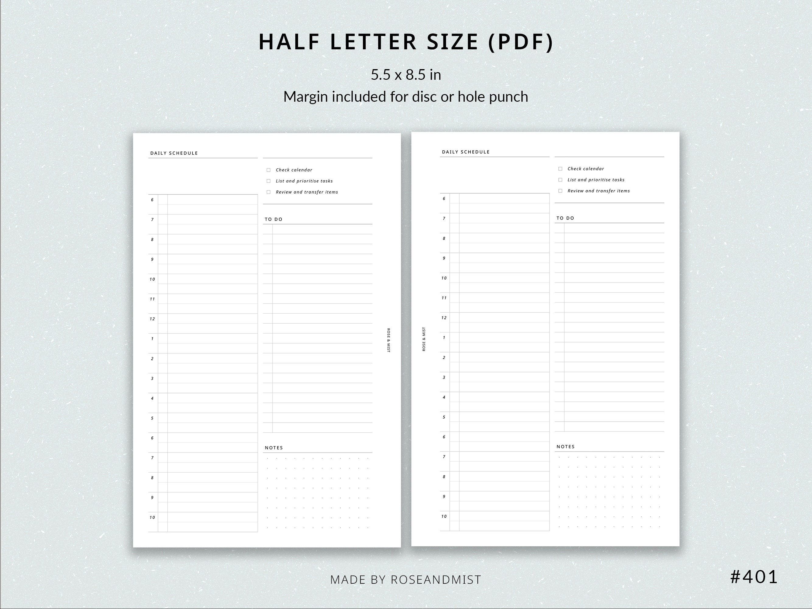 Daily Schedule + Notes DO1P | Half Letter Printable Planner - Hourly ...