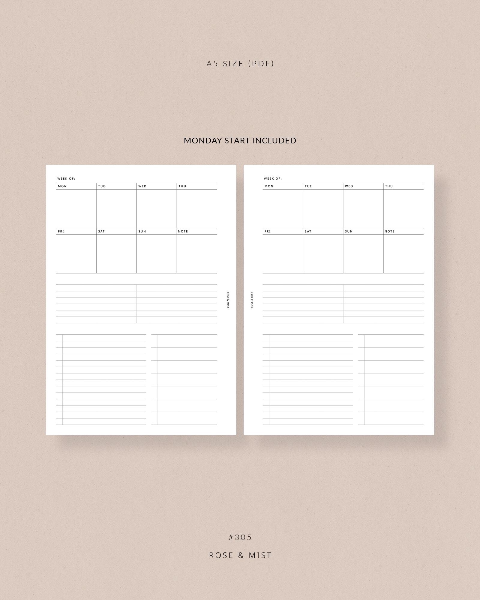 Weekly Overview WO1P A5 Printable Planner #305 - A5 Weekly Planner ...