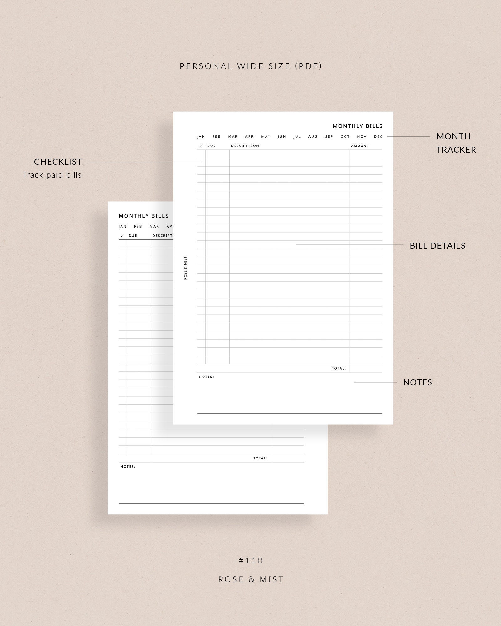 Monthly Bills Tracker | Personal Wide Printable Planner - Bill Payment Tracker Printable ...