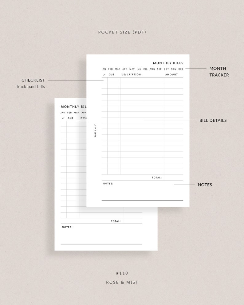 Monthly Bills Tracker | Pocket Printable Planner - Bills Checklist ...