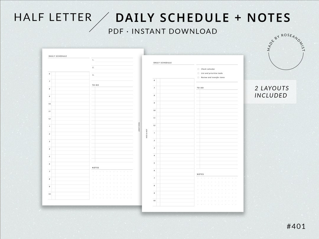Daily Schedule + Notes DO1P | Half Letter Printable Planner - Hourly ...