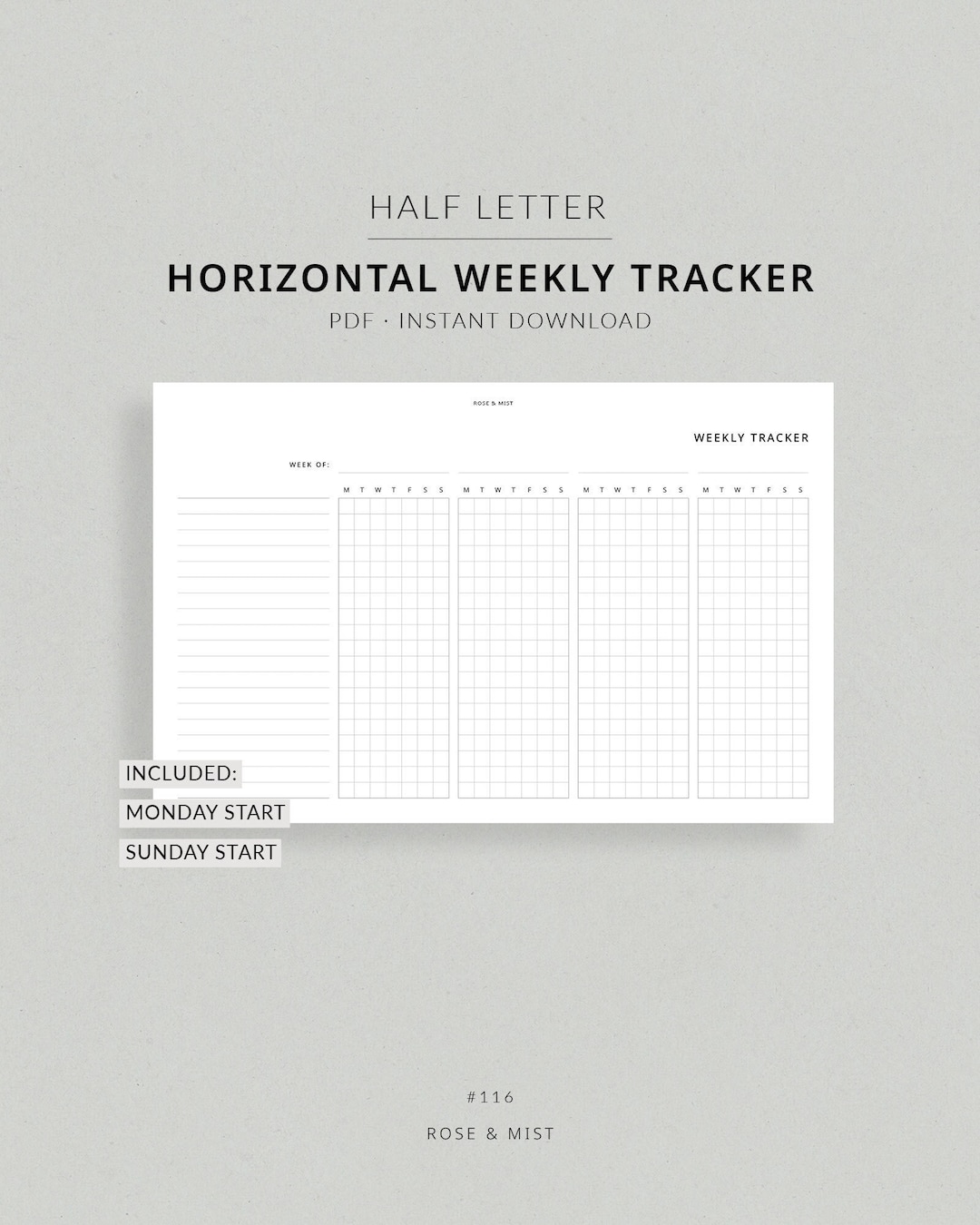 Weekly Tracker Horizontal | Half Letter Planner Printable - Weekly Task ...