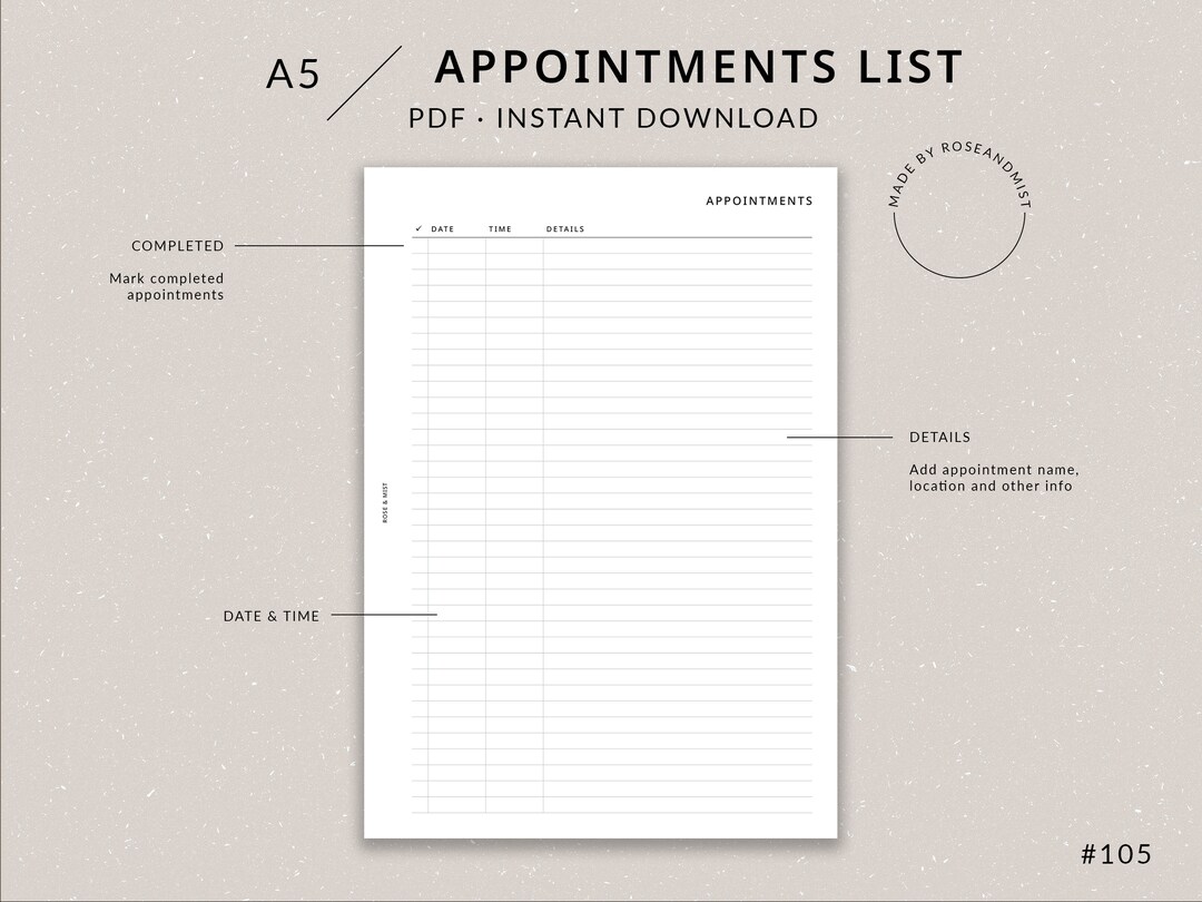 Appointments Insert | A5 Planner Printable - Appointments List ...