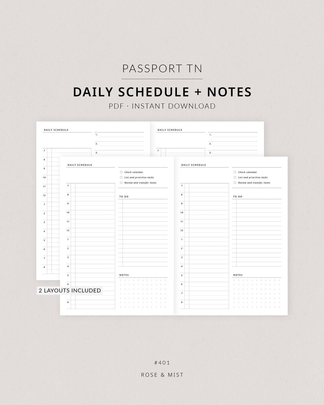 Daily Schedule + Notes DO1P | Passport TN Printable Planner - Daily ...