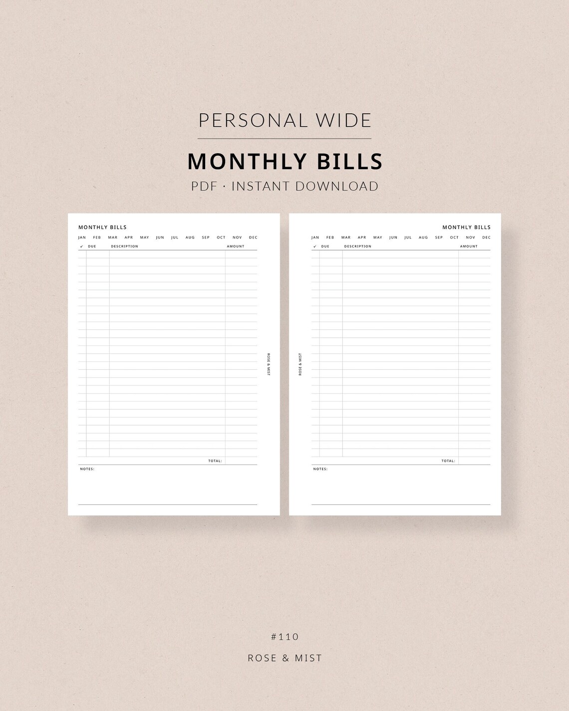 Monthly Bills Tracker | Personal Wide Printable Planner - Bill Payment Tracker Printable ...