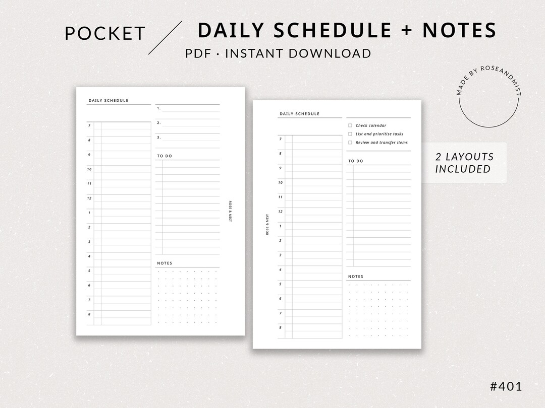 Daily Schedule + Notes DO1P | Pocket Printable Planner - Pocket Daily ...